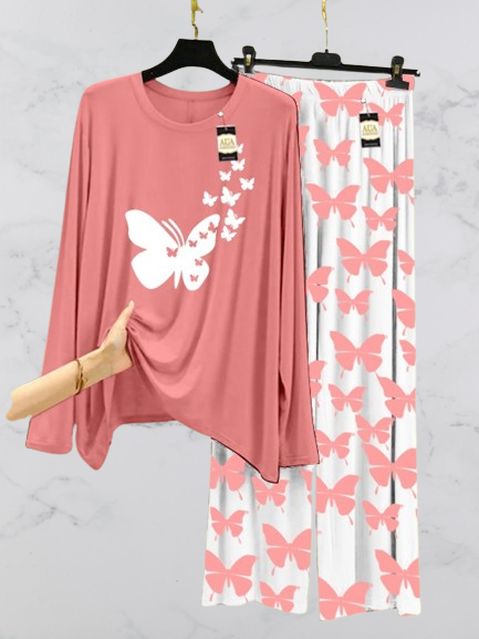Peach Flying Butterflies Printed Nightwear Set with Butterfly Printed ...
