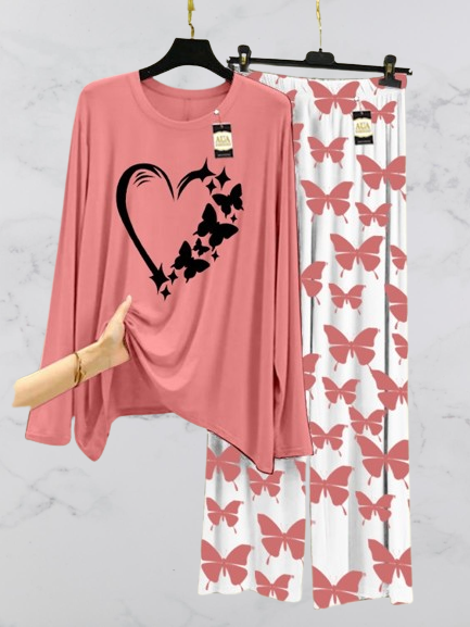Peach Women Heart Printed Nightwear Set with Butterfly Printed Trouser ...