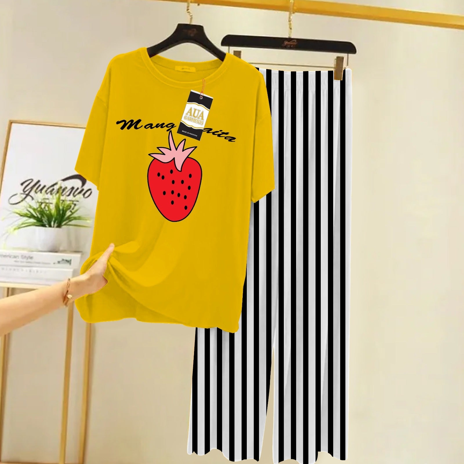Yellow Color Women Strawberry Printed Night Suit with Luxurious Lining ...