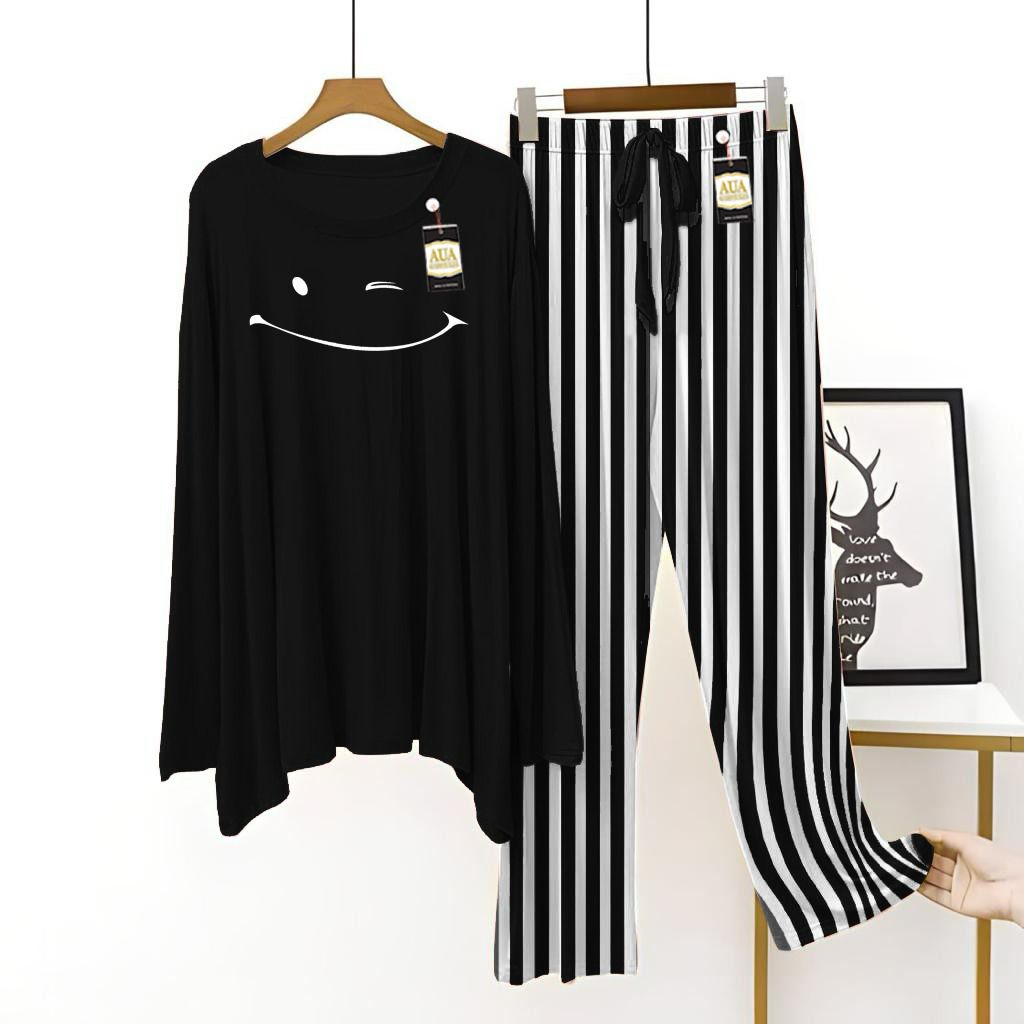 Black Color Women Smile Printed Night Suit with Luxurious Lining Pajam ...