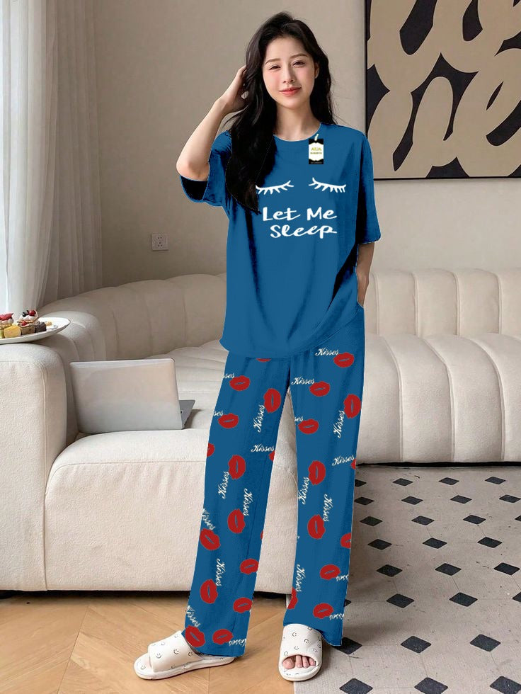 Blue Let Me Sleep Printed Nightwear Set With Kiss Printed Trousers – W ...